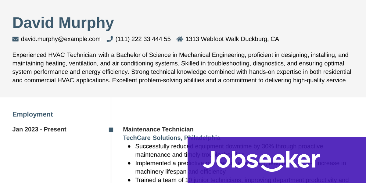 Hvac Resume Example & Writing Guide | Jobseeker