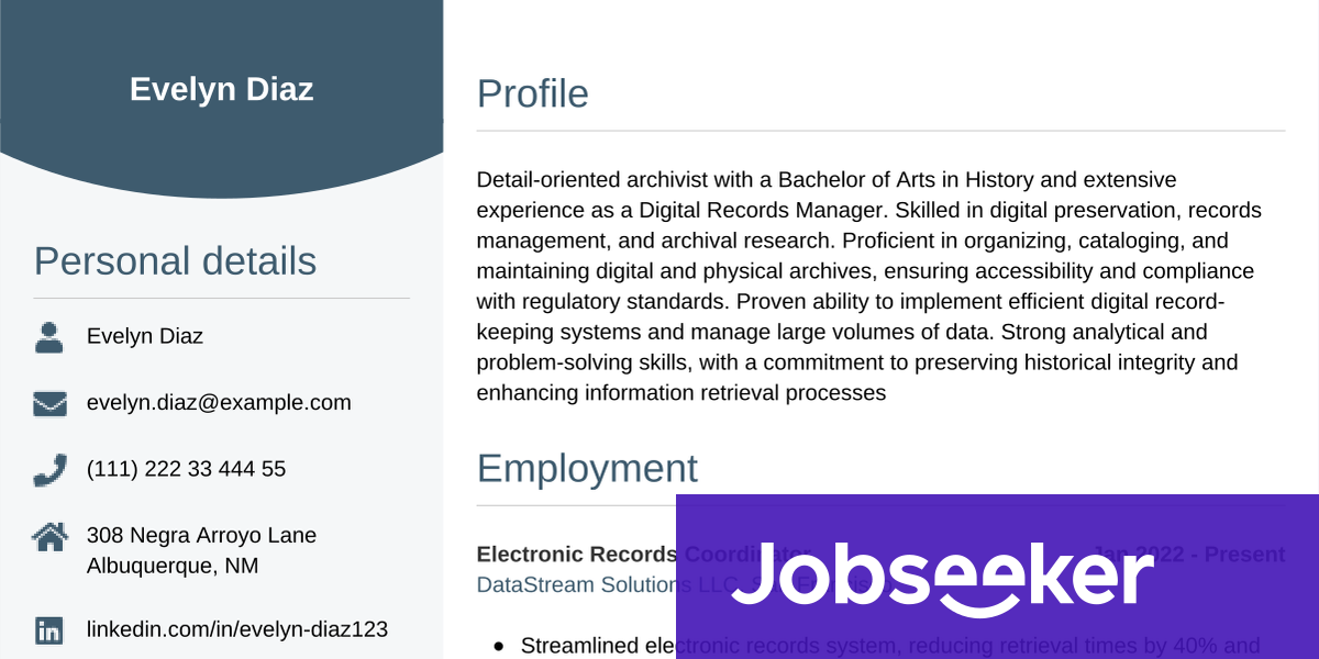 Archivist Resume Example | Jobseeker
