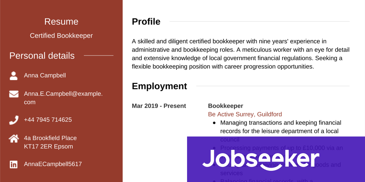 Bookkeeper CV Example | Jobseeker