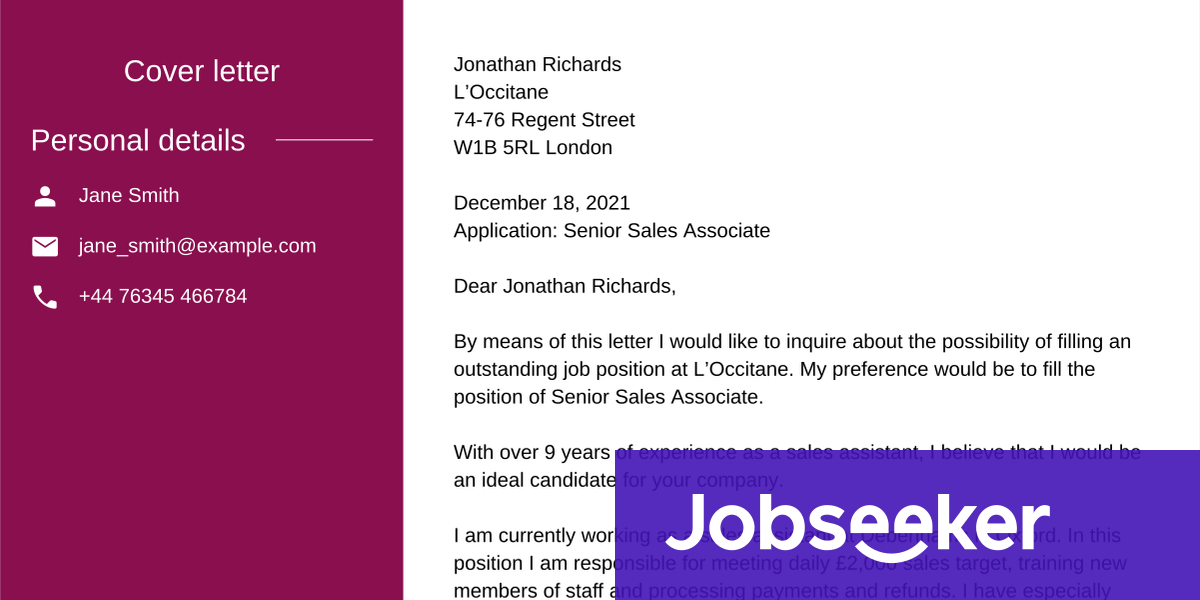 Sales Assistant Cover Letter example | Jobseeker