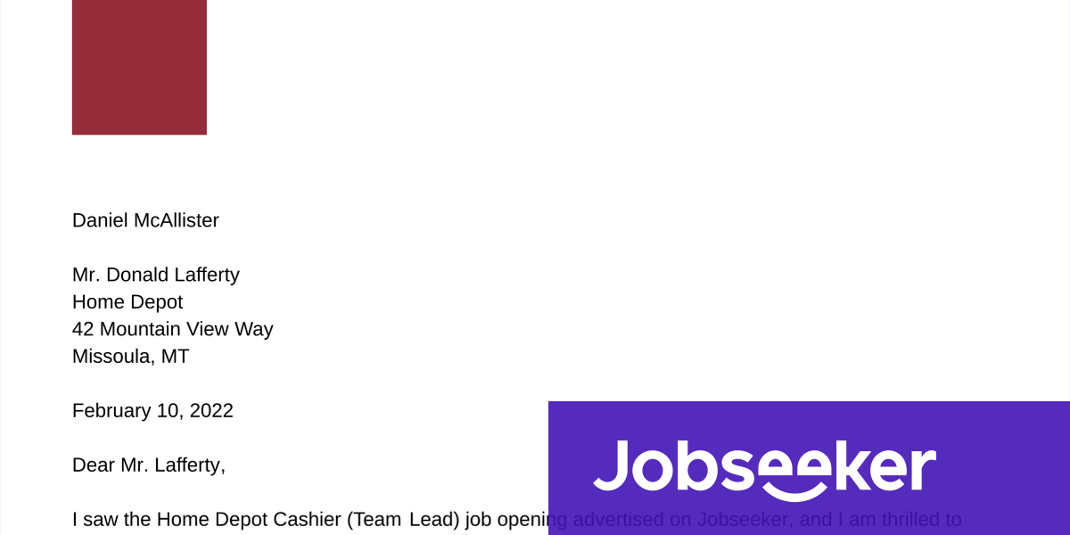 Cashier Cover Letter Example | Jobseeker