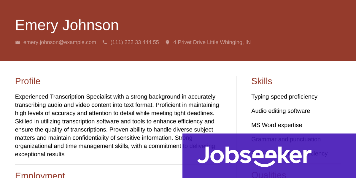 Transcriptionist Resume Example | Jobseeker