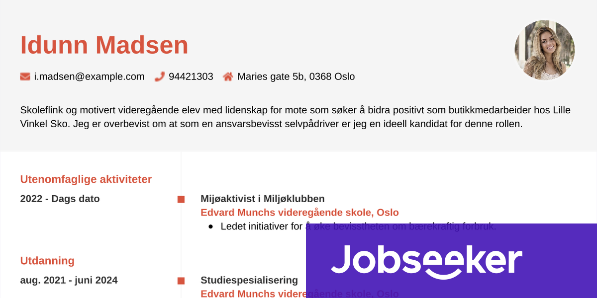 Videregående Elev CV eksempel | Jobseeker