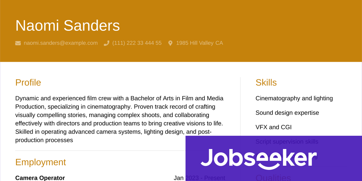 Film Crew Resume Example & Writing Guide | Jobseeker