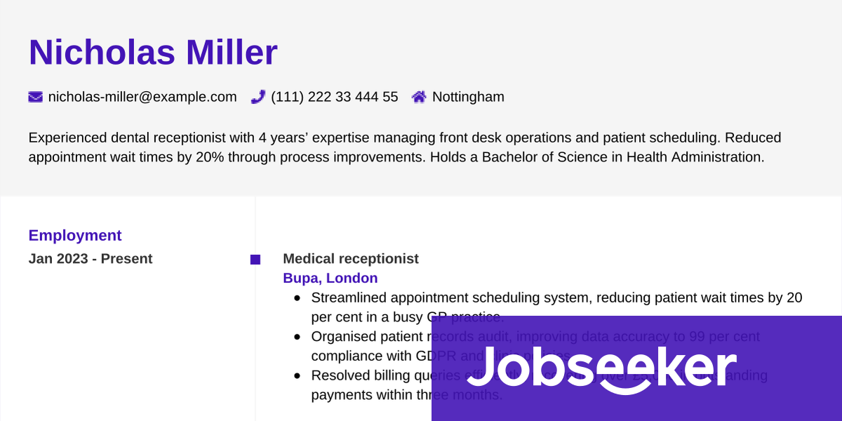Dental Receptionist CV Writing Guide & Tips | Jobseeker