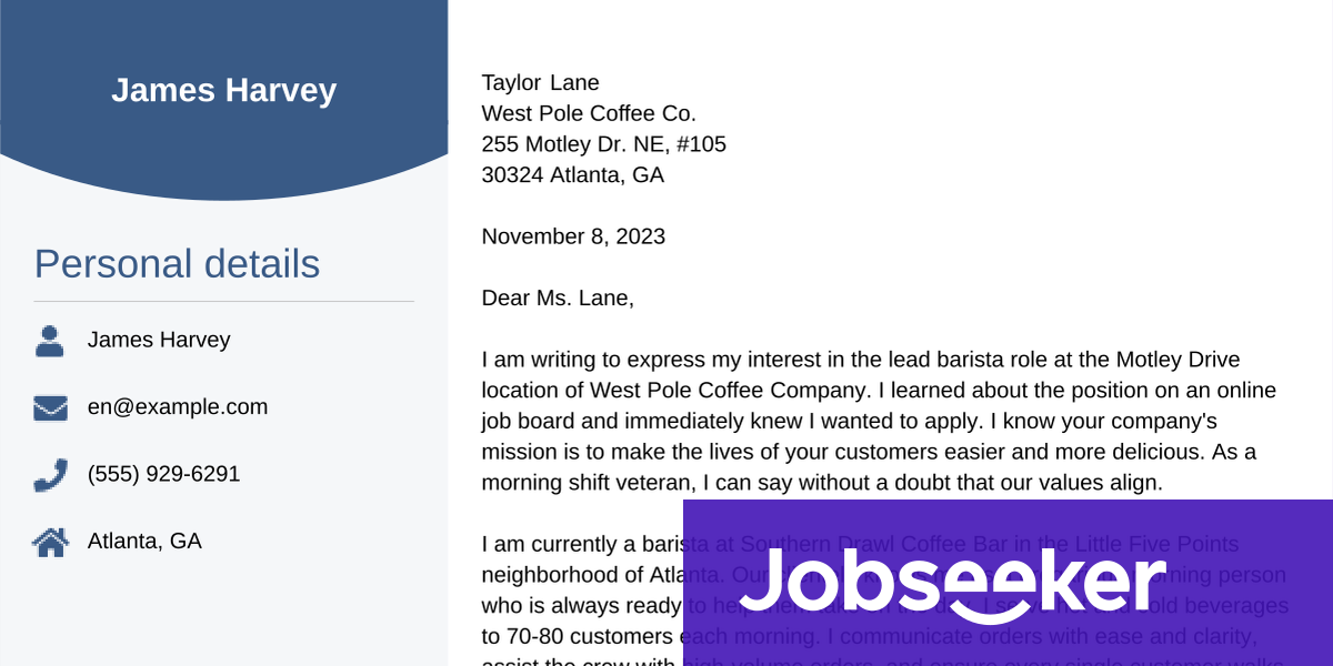 Barista cover letter example | Jobseeker