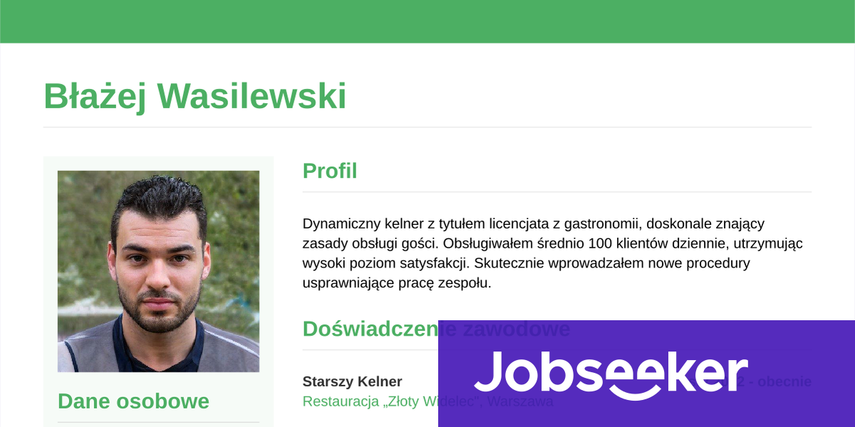 Przykład CV kelnera (2025) | Jobseeker