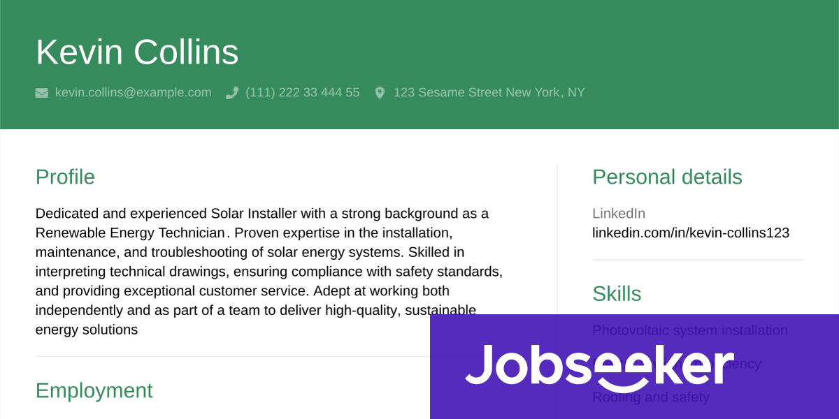 Solar Installer Resume Example | Jobseeker