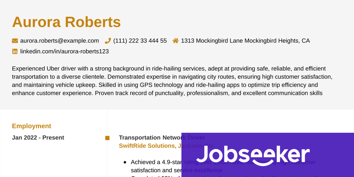 Uber Driver Resume Example | Jobseeker