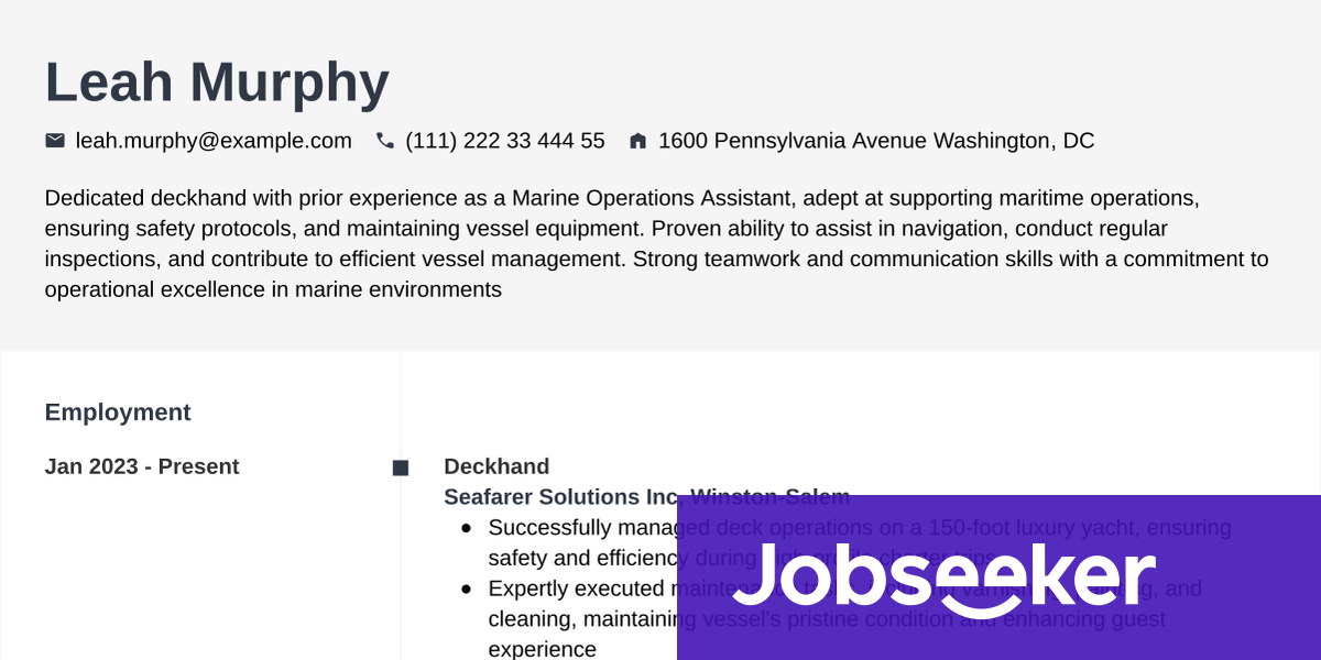 Deckhand Resume Example & Writing Guide | Jobseeker