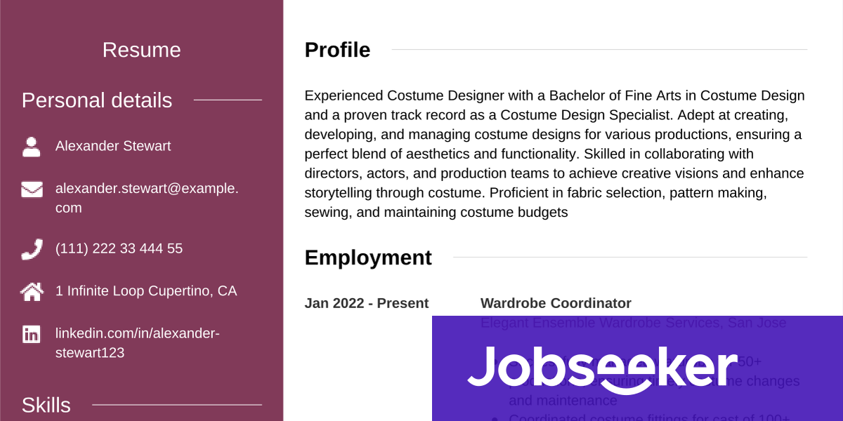 Costume Designer Resume Writing Guide & Tips | Jobseeker