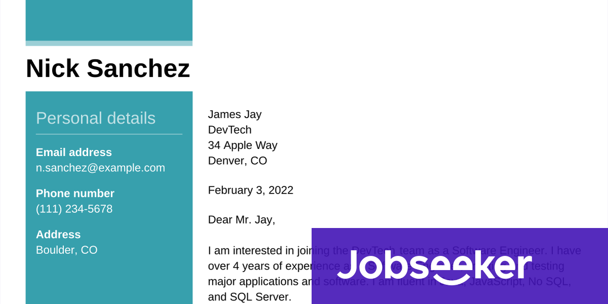 Software engineer cover letter example | Jobseeker