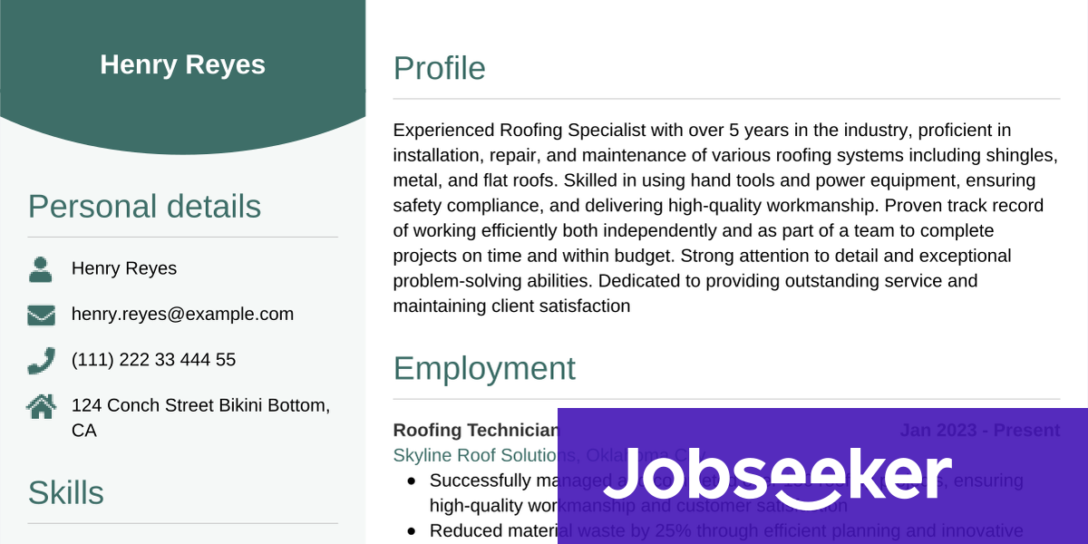 Roofing Resume Example & Writing Guide | Jobseeker