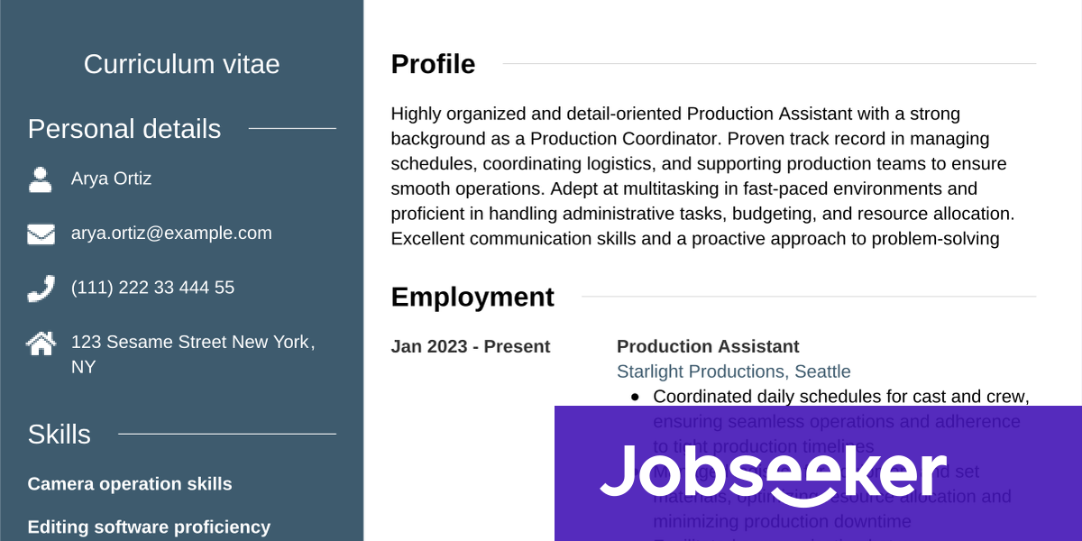 Production Assistant Resume Example | Jobseeker