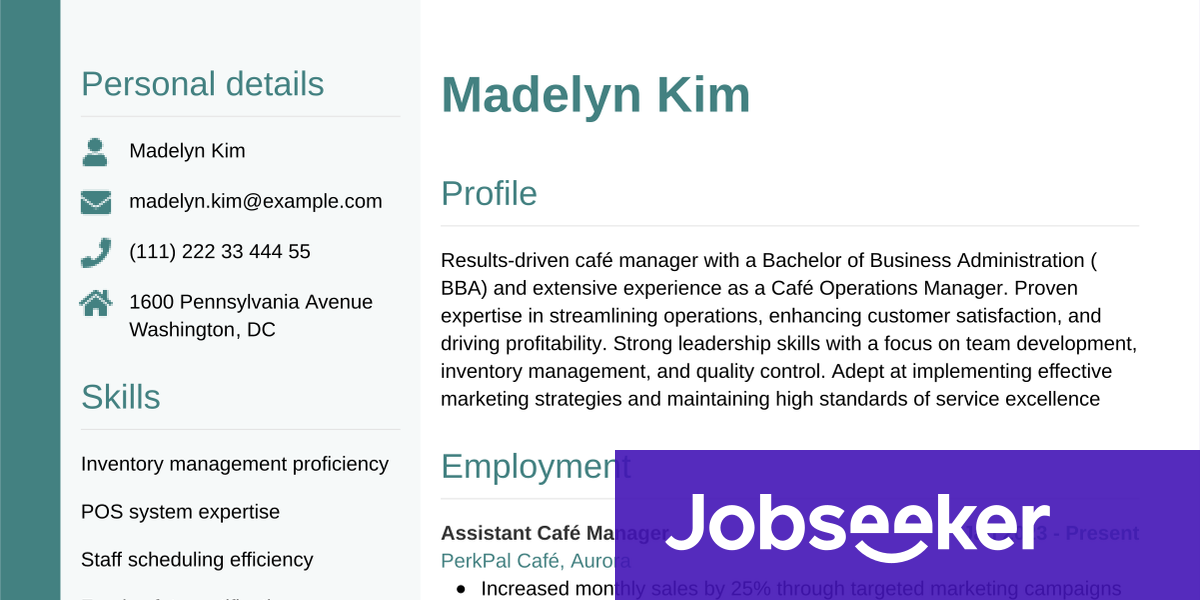 Cafe Manager Resume Example | Jobseeker
