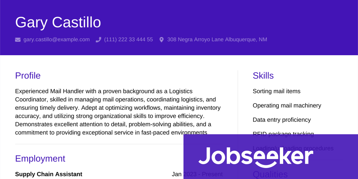 Mail Handler Resume Example & Writing Guide | Jobseeker